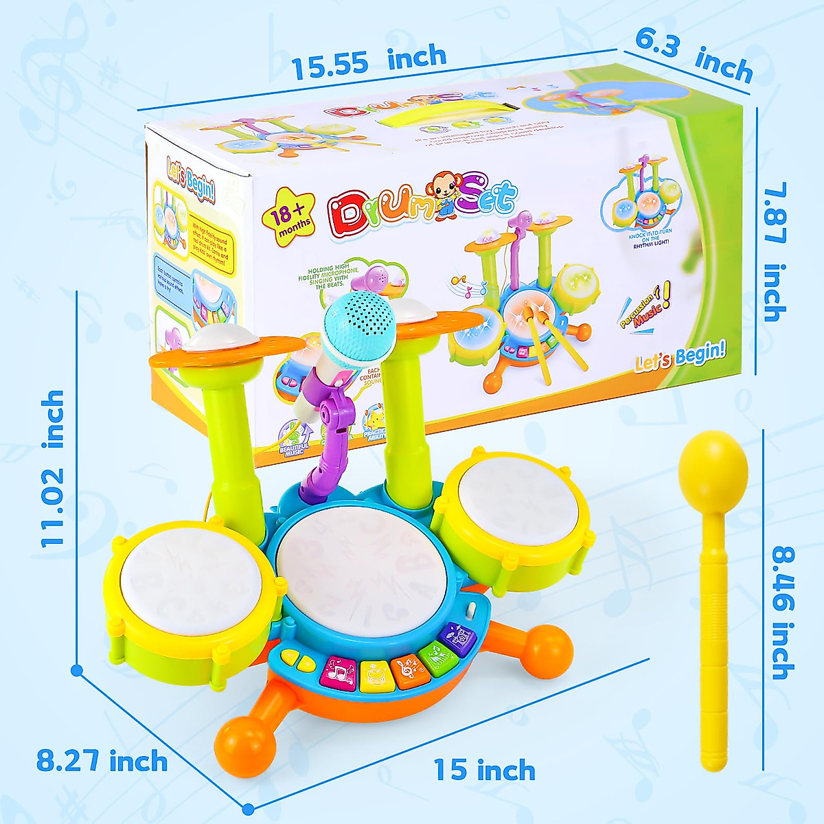 Drum Set for Toddlers 1-3, Toys for 1 Year Old Boy Birthday Gift, Kids Drum Set Musical Toys for Toddlers 1-3, Baby Drum Set with Microphone Toddler Drum for Ages 2-4 Brithday Gifts for Boys Grils