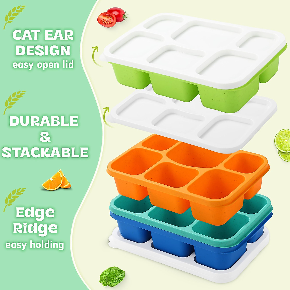 Bento Lunch Box Snack Containers, Reusable Meal Prep Lunchable Containers for Adults Kids, Stackable Bento Snack Box 4 Pack, 6 Compartment Divided Food Containers, Sauce Container, Bright Colors