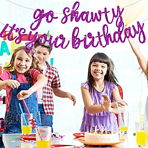 BEISHIDA Purple Go Shawty It's Your Birthday Banner - NO DIY - Hip Hop Theme Glitter Happy Birthday Banner - Pre-Strung - Purple Rap Theme Happy Birthday Sign for Man Women birthday Party Supply