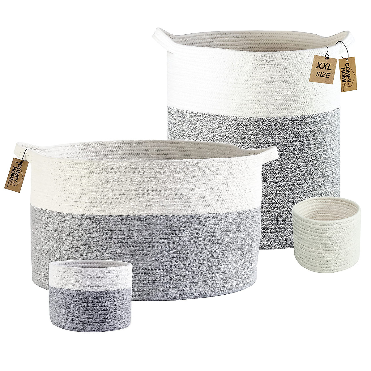 COMFY-HOMI 4pc Baskets = 1pc 21x21x13.6”Rope Laundry Basket + 1pc Tall Rope Baskets 18X16”with Handle Laundry Storage Bin + 2pc Small Gift Baskets - White and Grey