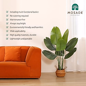 MOSADE 4FT Artificial Bird of Paradise Plant,Tall Fake Tropical Palm Tree with Woven Seagrass Basket, Realistic Faux Tree,8 Detachable Trunks Silk Plants for Modern Home Décor Indoor Office