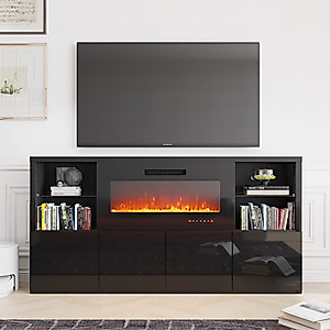 LUXOAK Fireplace TV Stand for TVs up to 75", Modern High Gloss Entertainment Center with 40" Fireplace, 4 Shelves & Storage Cabinets, Media Console Table 68 Inches, Black