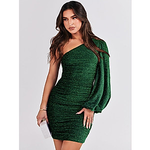 ANRABESS Women's One Shoulder Cocktail Short Dress Glitter Sexy Ruched Bodycon Party Prom Formal Mini Dress for Date Club Nights 963molv-L Green