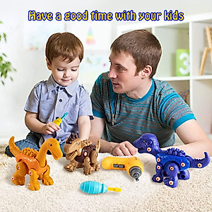 Funsland Take Apart Dinosaur Toys for Kids 3-5 Stem Dinosaur Toys with Electric & Hand Drills Dino Building Toy Set 4 Pack