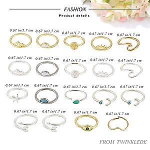 TWINKLEDE 19Pcs Finger Rings Silver Stackable Rings Statement Knuckle Ring Set Moon Star Wave Joint Accessories for Women