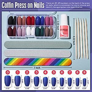 Press On Nails Medium Length, HNYYZL Coffin Matte Fake Nails Full Cover, 10 Solid Colors Short Ballerina Press On Nails, 10 Packs Acyclic False Nails Tips Set with Nail Glue, Nail File for Nail Art