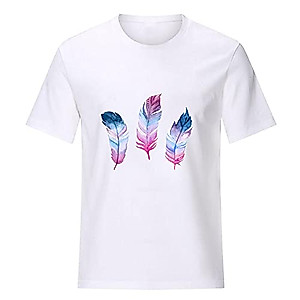 wodceeke 2021 Summer Tops For Women Short Sleeve Round Neck Feather Print Basic Tee Casual Loose Solid Color Top (White,M)