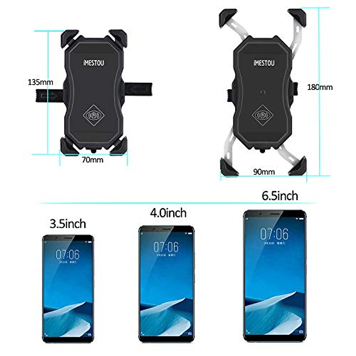 iMESTOU Auto Clamping Motorcycle Phone Mount Charger Wireless qi & USB Quick Charging 2 in 1 Handlebar Cell Phone Holder 9CM Stem 1" Ball Mount 720 Rotation Quick Release for 3.5-6.8 Inch Smartphone