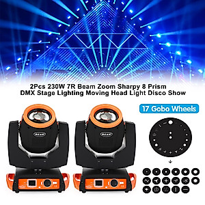Frezon 2PCS 7R 230W Stage Lights Moving Head Light, RGBW DJ Lighting, 8 Prism Strobe DMX 16Ch for Wedding DJ Party Stage Lighting