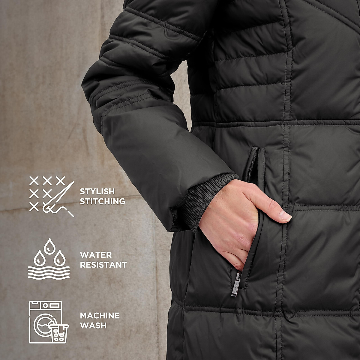 LONDON FOG Women's Chevron Coat with Faux Fur Trimmed Hood, Black, Large