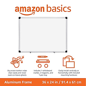 Amazon Basics Magnetic Dry Erase White Board, 36 x 24-Inch Whiteboard - Silver Aluminum Frame