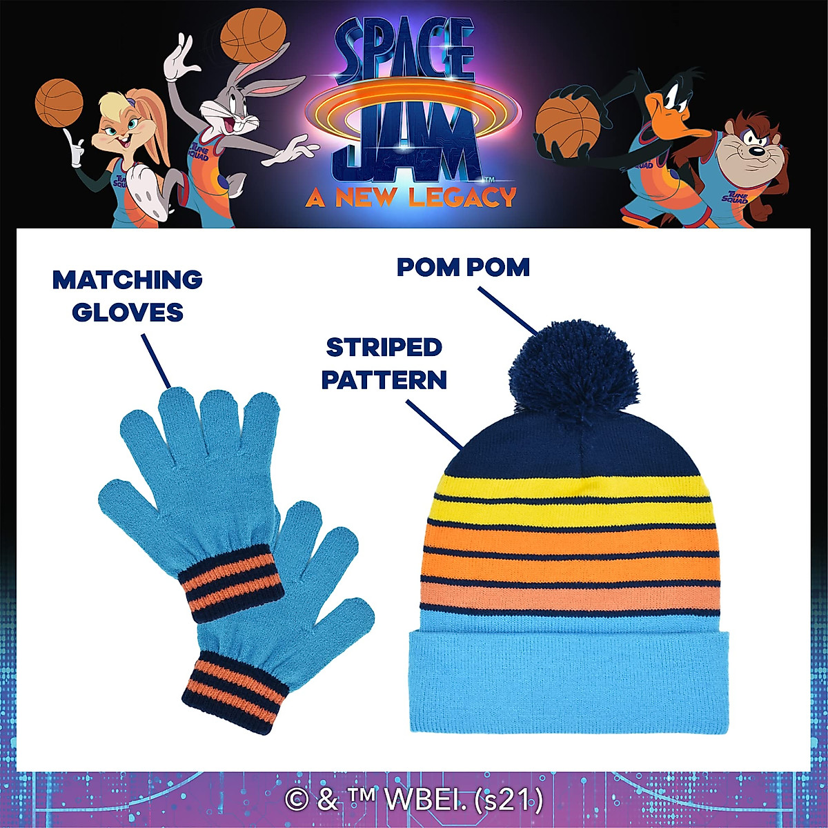 Concept One Space Jam A New Legacy Tune Squad Kids Pom Cuffed Beanie Hat and Gloves Set, Blue, One Size