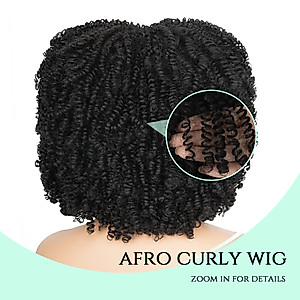 Aminow Afro Kinky Curly Wigs for Black Women Glueless Synthetic Short Curly Afro Wig with Bangs Natural Black 12 Inch