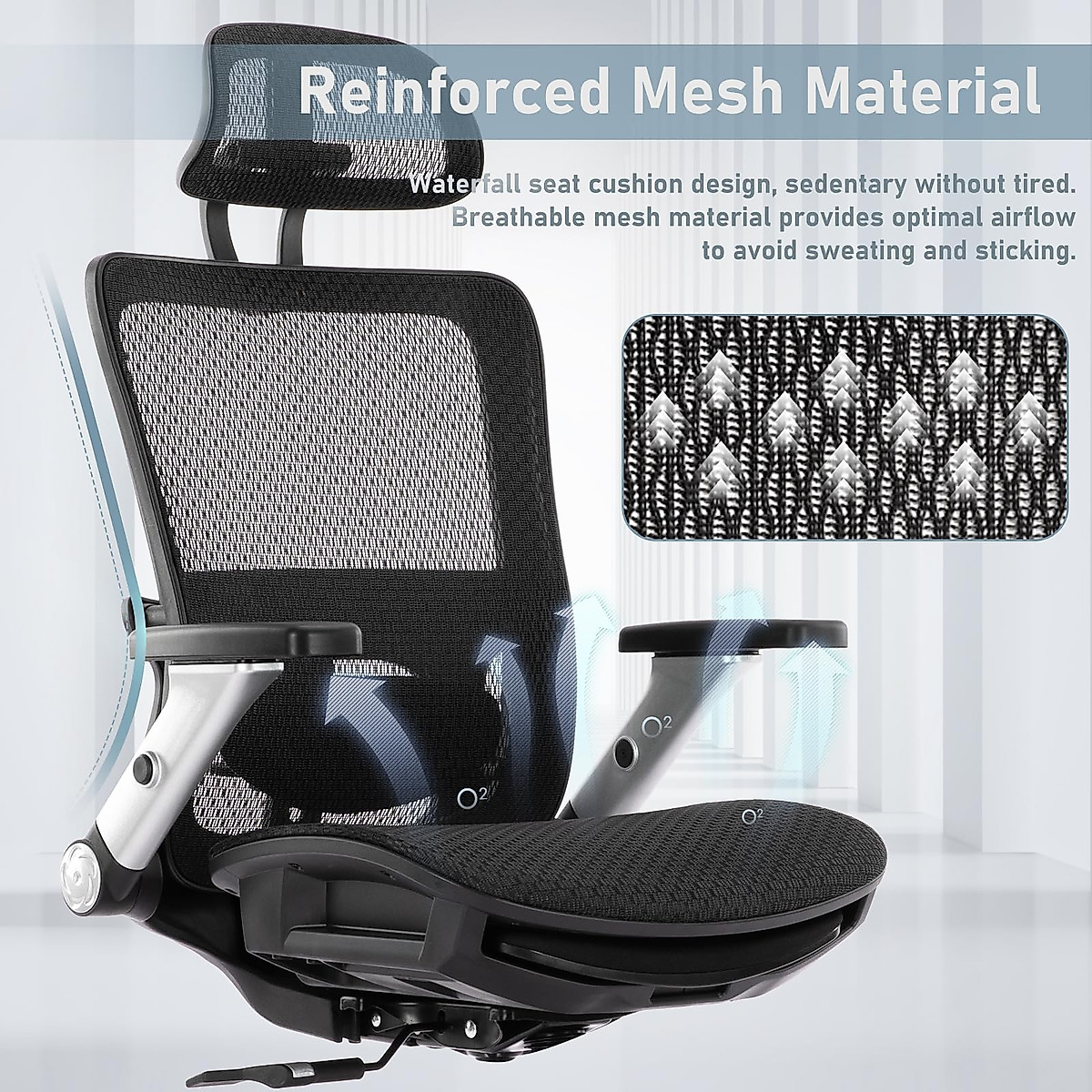 Ergonomic Mesh Office Chair with Footrest, High Back Computer Executive Desk Chair with Headrest and 4D Flip-up Armrests, Adjustable Tilt Lock and Lumbar Support-Grey