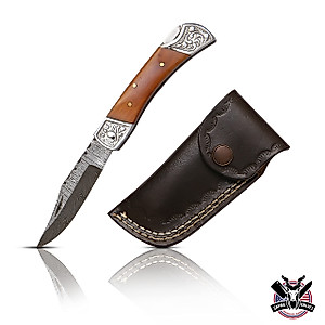 Capra Knives CK-52 Handcrafted Folding Engraved Brass Pocket Knife 4” Folded, 7.25” Long Overall, 4.5oz Olive Wood Handle, Damascus Blade with Leather Sheath