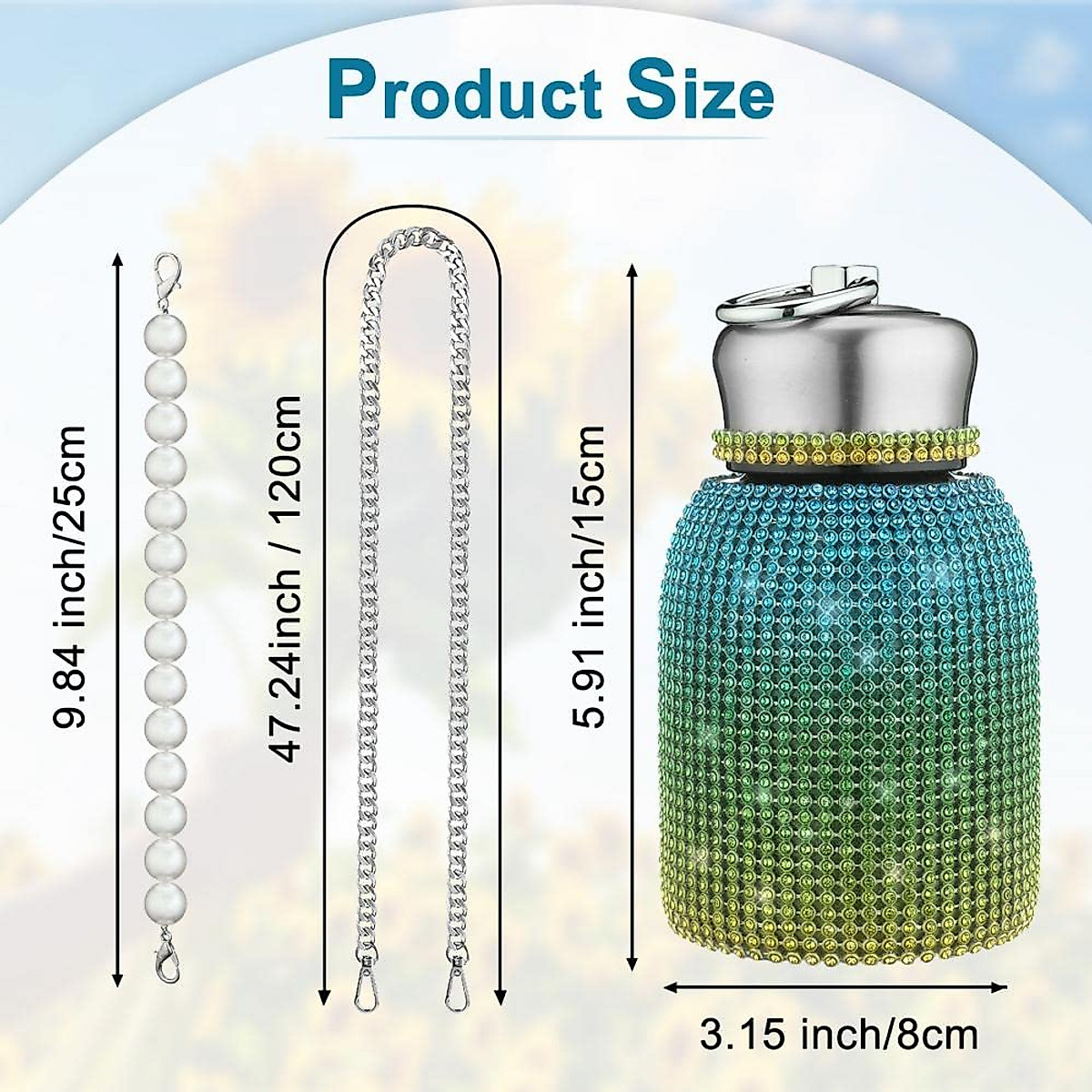 280ml Cute Bling Diamond Small Water Bottles, Stylish Rhinestone Stainless Steel Insulated Water Bottles, Leak-Proof Vacuum Flask Thermal Bottles with Pearl Bracelet (Green)