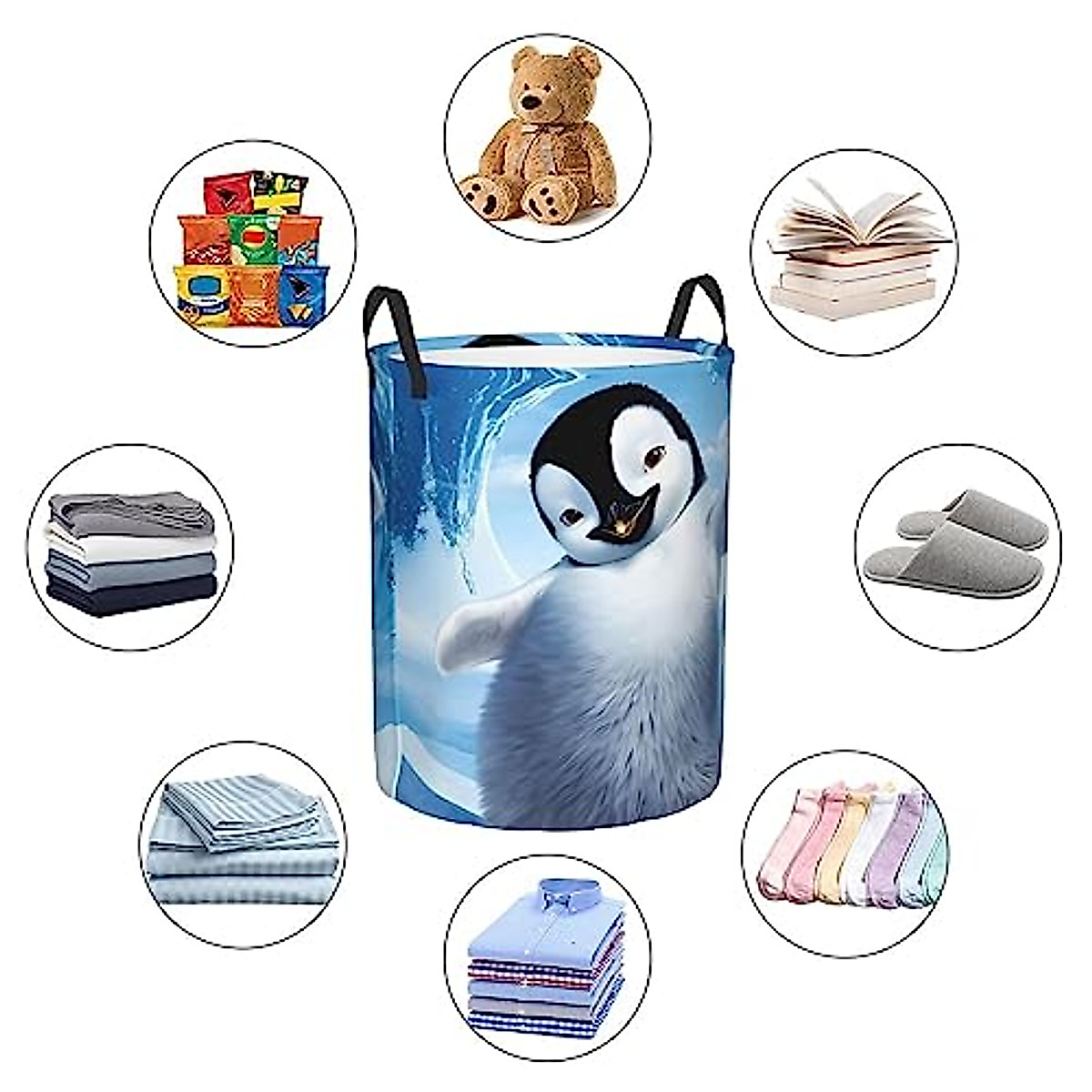 Cute Penguins Baby Taking Pictures Laundry Basket Protable Circular Laundry Hamper Storage Bin Organizer With Handles For Bathroom,Bedroom Clothes