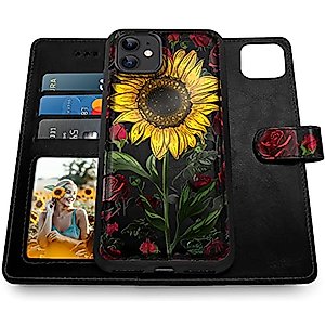 Shields Up iPhone 11 Case, [Detachable] Magnetic Wallet Case with Card Slots & Wrist Strap for Girls/Women, [Vegan Leather] Shockproof Cover for Apple iPhone 11 (6.1 inch) - Rose Flower/Sunflower