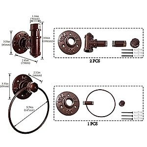 3 Pack Industrial Pipe Bathroom Hardware Accessories Set, Include 2Robe Coat Towel Hook and 1 Towel Ring Threaded Wall Mounted Rustic Decor Accessories Kit(Bronze)