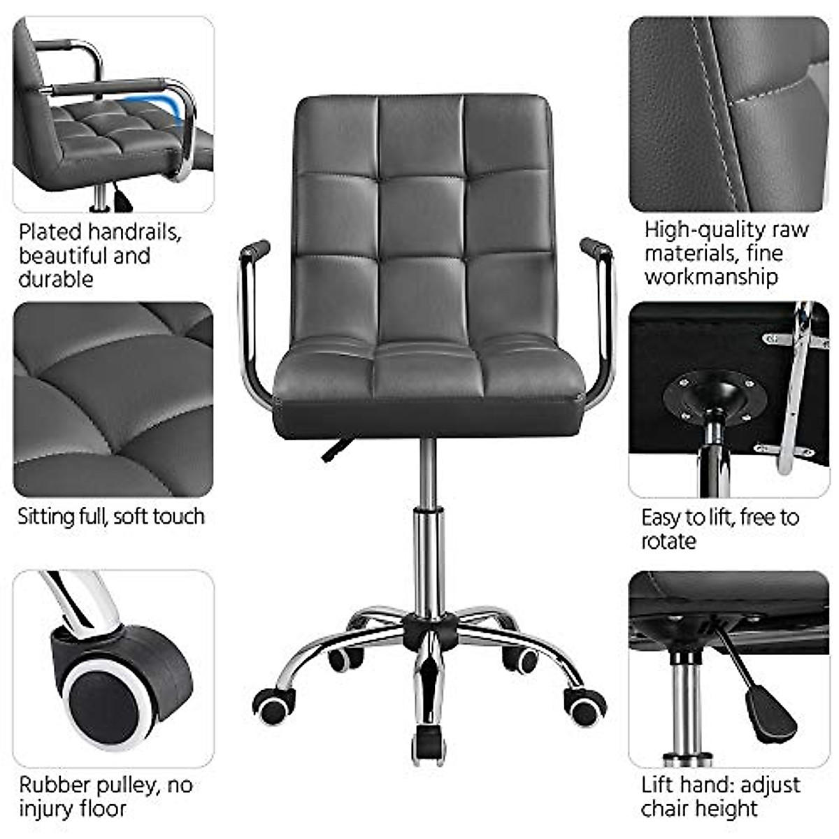 Yaheetech PU Leather Office Chair Mid-Back Task Ergonmic Chair with Swivel Wheels Height Adjustable, Grey