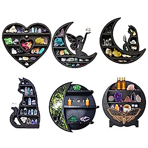 Cat On The Moon Crystal Wood Shelf, Wooden Crystal Display Shelf, Moon Cat Wooden Floating Shelf Gothic Witchy Room Decoration, Multi Color