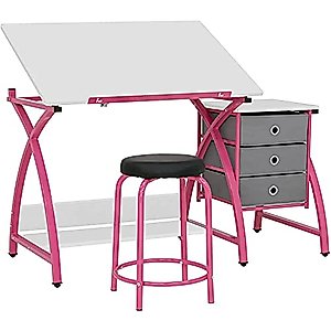 Offex 2 Piece Venus Craft Table with Angle Adjustable Top and 20.5" H Matching Padded Stool, Pink/White - Great for Home, Office, Kids Room and More