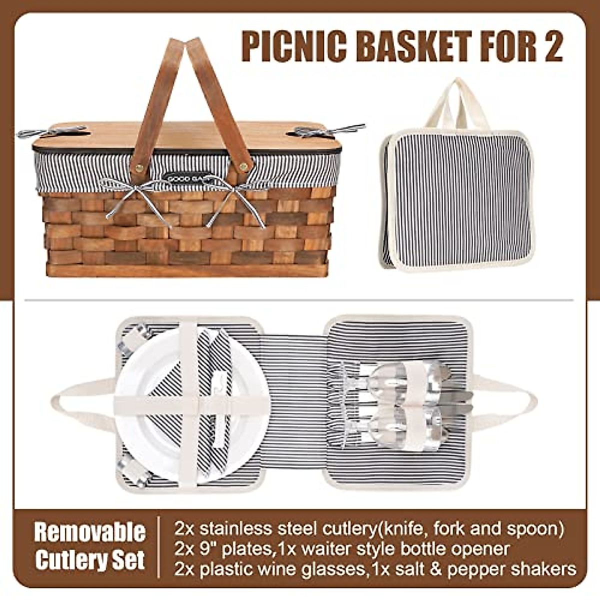 Woodchip Picnic Basket for 2 with Portable Wine Table, Woven Basket with Double Swing Handles & Removable Cutlery Service Kit, Large Basket for Picnic, Camping, Family, Wedding Gifts for Couple,Grey