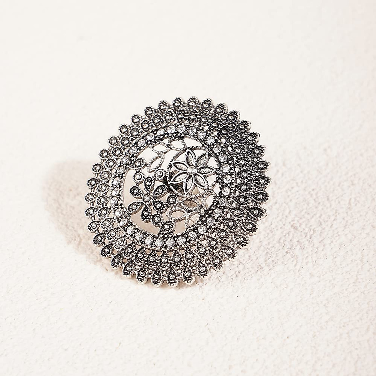 Jumwrit Rhinestone Big Round Ring Open Wrap Ring Vintage Ring with Flower Engraved Statement Ring Adjustable Finger Ring Indian Ring for Women and Girls（Silver）