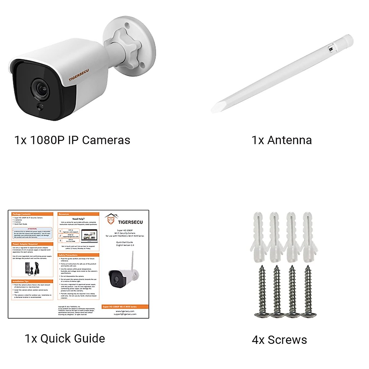 TIGERSECU Add-On Camera for use only 1080P WiFi NVR Security System, Weatherproof, AI Human Detection (Power Supply Sold Separately)