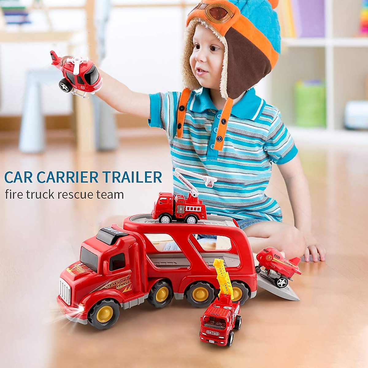 Fire Truck Car Toys Set, Friction Powered Car Carrier Trailer with Sound and Light, Play Vehicle Set for Kids Toddlers Boys Child Gift Age 3 4 5 6 7 Years Old, 2 Rescue Car, Helicopter, Plane