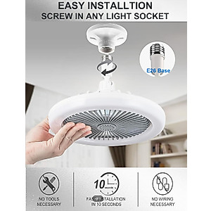 PANLAVIE Enclosed Ceiling Fan with Light and Remote, 10 Inch Screw in Fan Light Mini Bladeless Ceiling Fans, 3 Fan Speeds Dimmable 3 Light Colors for Garage Tool Room Hallway, No Wiring Required