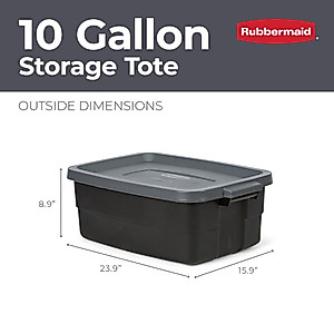 Rubbermaid Roughneck Tote 10 Gal, 6 Pack, Made in USA, Black & Gray, Rugged Plastic Stackable Storage Bins with Lids and Handles