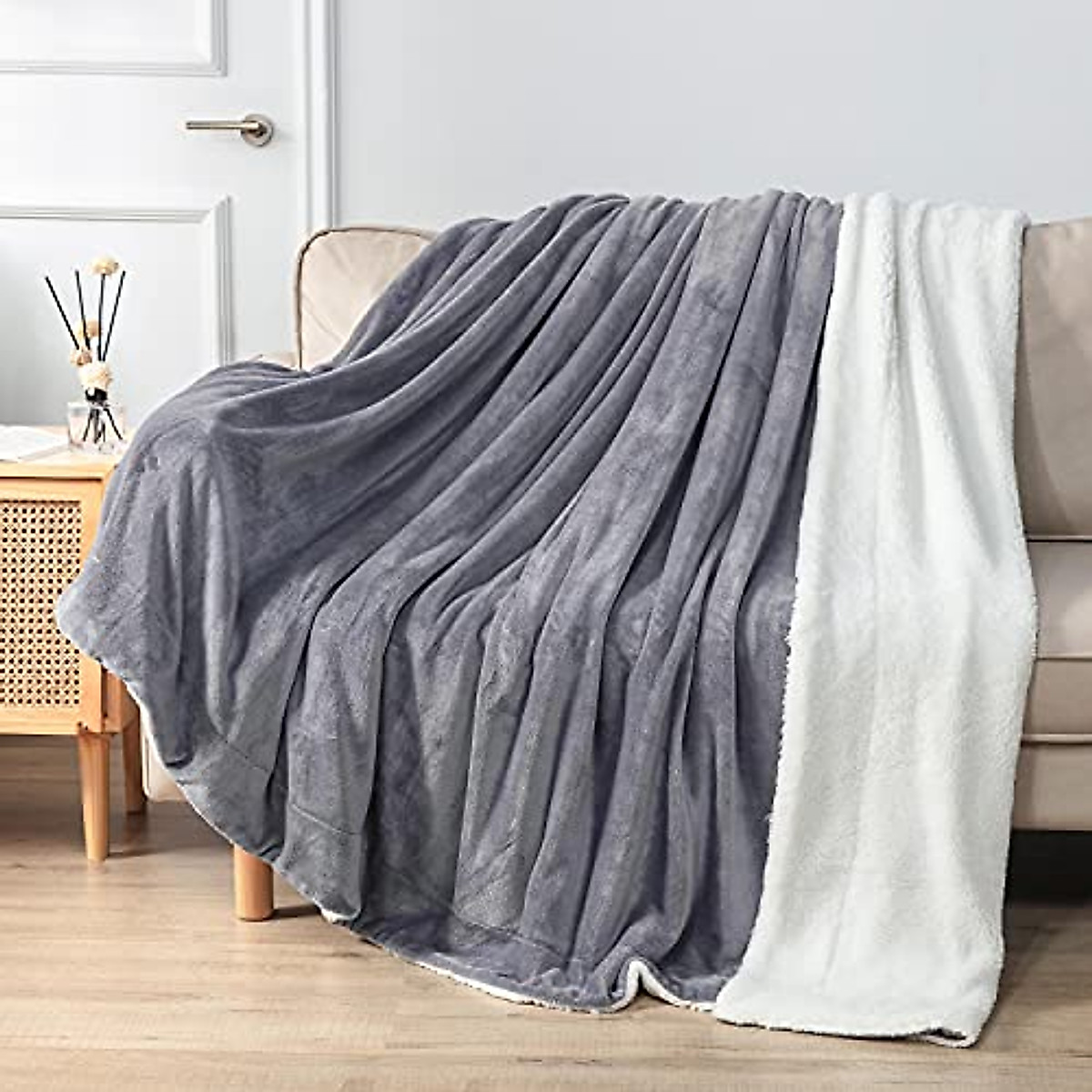 Belleville Sherpa Fleece Blanket Light Grey Throw Size 50 x 60 inches for Dorm Couch Bed Pet Soft Cozy Warm Thick Fuzzy Blankets for Fall Winter All Season