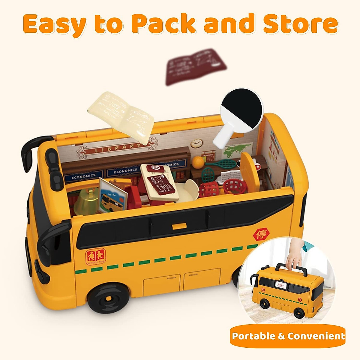 Kids Dollhouse Playset - Portable School Bus Doll House Toys with 46 Furniture Accessories and Critter Animal Doll, Toddler Pretend Play Educational Car Toys for Boys Girls Birthday Gift Ages 4 5 6
