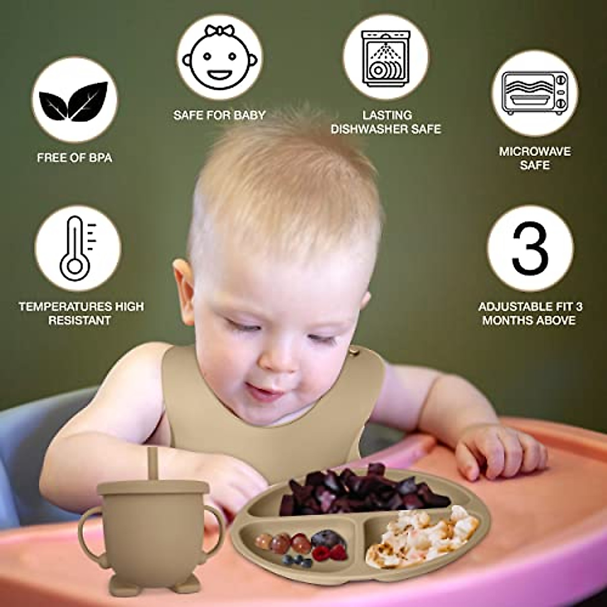 mutualproducts - Baby Feeding Set 10-Piece | Baby Led Weaning Utensils Set Includes Suction Bowl and Plate, Baby Spoon and Fork, Sippy Cup with Straw and Lid | Baby Feeding Supplies Set (B-Beige)