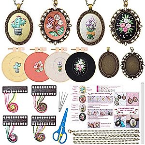4 Packs Embroidery Kit for Beginners, Shynek 26 Pcs Mini Cross Stitch Kits Includes Stamped Embroidery Clothes with Flowers Pattern Embroidery Necklace Pendant Embroidery Hoops and Necklace Chains