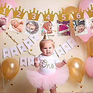 Symphony Birthday Photo Banner, 1st Birthday Baby Photo Banner Newborn to 12 Months Birthday Party Decor (Crown Golden Pink)