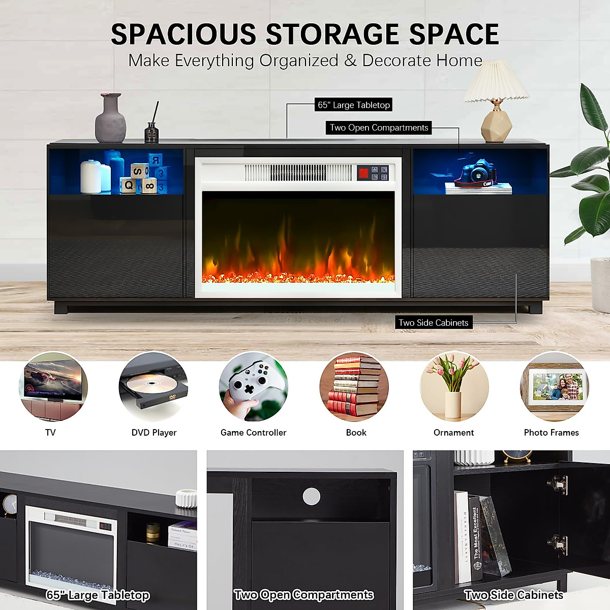 Avocahom Fireplace TV Stand for TVs up to 65”, LED Light Entertainment Center w/Black 23” Electric Fireplace, 2 Open Shelves & Storage Cabinet, Modern Wood Texture Console Table for Living Room, Black