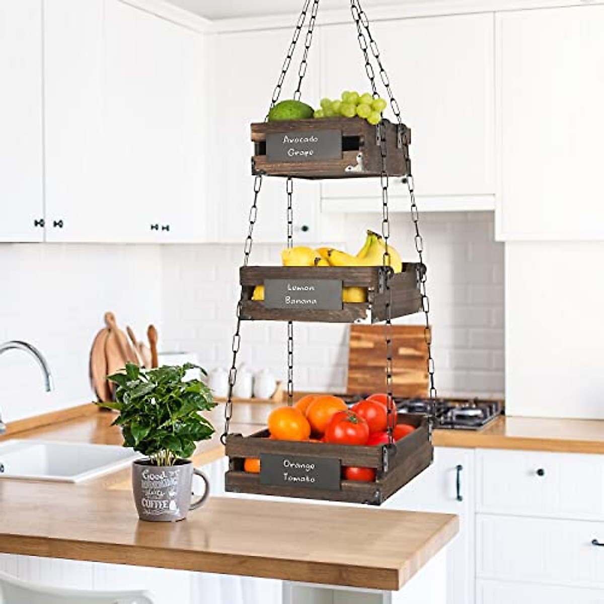 J JACKCUBE DESIGN 3-Tier Rustic Wood Hanging Fruit Basket, Kitchen Fruit, Vegetable Storage Organizer, Countertop Space Saver- Heavy Duty Metal Hooks- MK1008A
