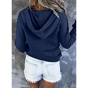 Dokotoo Womens Sweatshirt Ladies Fall Tops Drawstring Hoodies Sweatshirts for Women Long Sleeve Hooded Pullover with Pockets Button Collar Fleece Casual Basic Simple Winter Shirts Tops Blue XL