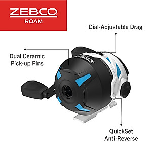 Zebco Roam Spincast Fishing Reel, Size 30 Reel, Changeable Right or Left-Hand Retrieve, Pre-Spooled with 10-Pound Zebco Fishing Line, Stainless Steel Front Cover, Blue