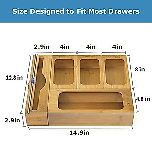 OFFSIR Ziplock Bag Storage Organizer and Plastic Wrap Dispenser, 5 Separate Food Bags Organizer for Kitchen Drawer, Bamboo Bag Holder with Cutter for Gallon, Quart, Sandwich, Snack, Wax, Foil