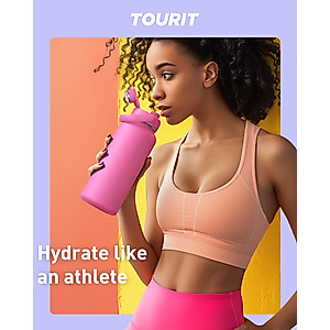 TOURIT 32 oz Insulated Water Bottle, Stainless Steel Sports Water Bottles With Top Handle, Double-Wall Travel Thermal Water Flask, BPA Free Leakproof Thermos Bottle for Sports and Travel,Pink