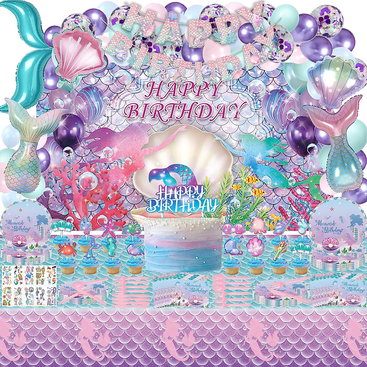 274 Pcs Mermaid Birthday Decorations, Mermaid Party Decorations for Girls, Mermaid Theme Party Set Include Banners, Mermaid Backdrop, Cake Toppers, Mermaid Balloons, Plates, Tableware
