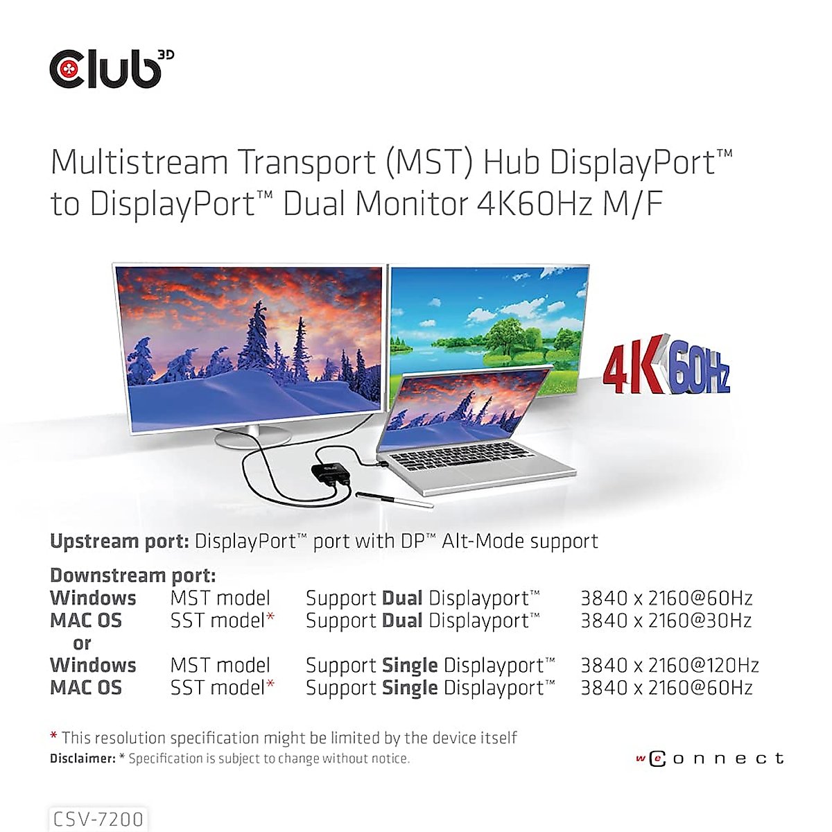 Club 3D CSV-7200 Displayport 1.4 to Displayport Dual Monitor 4K 60Hz M/F MST hub
