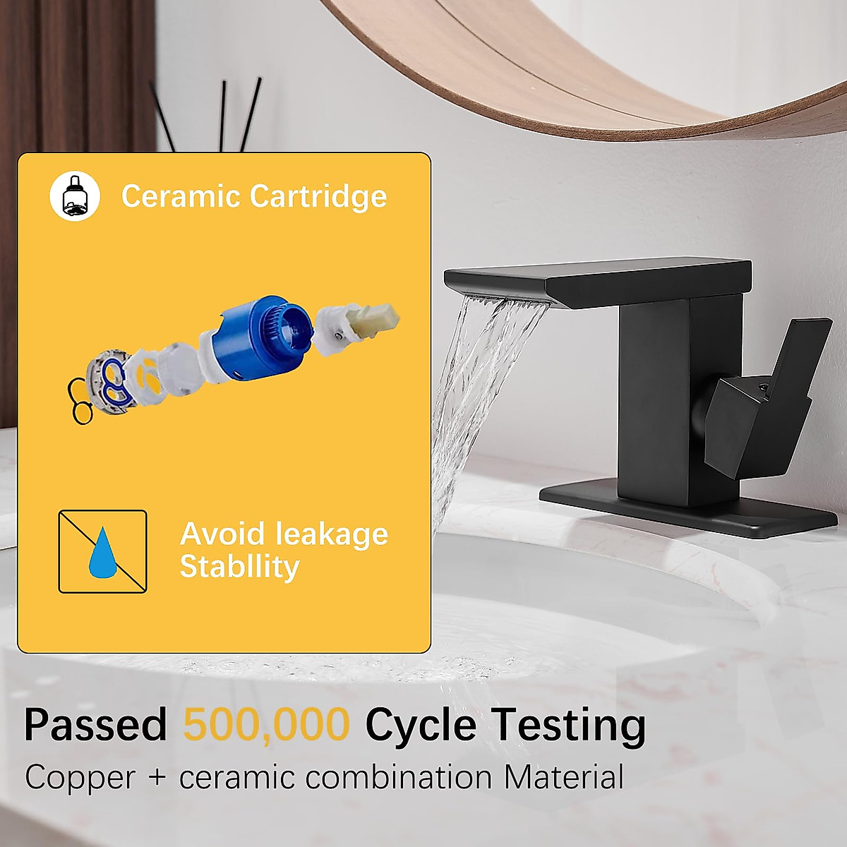 BESy Waterfall Matte Black Bathroom Faucet, Single Hole Or Three Hole Bathroom Sink Faucet with Pop Up Drain, with cUPC Supply Lines Single Handle Vanity Faucets, 6 Inch Deck Plate, Stainless Steel