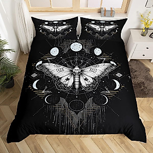 Death Moth Duvet Cover Set Queen Size Galaxy Sun and Moon Comforter Cover Boho Gothic Skull Bedding Set 3pcs for Kids Boys Teens Room Decor Black and White Quilt Cover with 2 Pillowcases, No Comforter