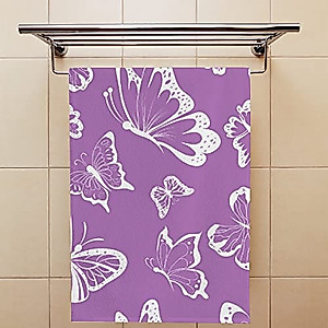 Hand Bath Towels 2 Pack Purple Butterflies Absorbent Face Fingertip Towels for Bathroom Kitchen Gym Spa Soft Hair Drying Cloth Quick Dry, 30 x 15 Inch