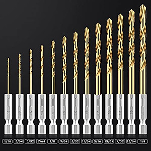 MACXCOIP Hex Shank Drill Bit Set, 13Pcs HSS Titanium Twist Drill Bit for Sheet Metal, Wood, Plastic, Quick Change Design (1/16" - 1/4")