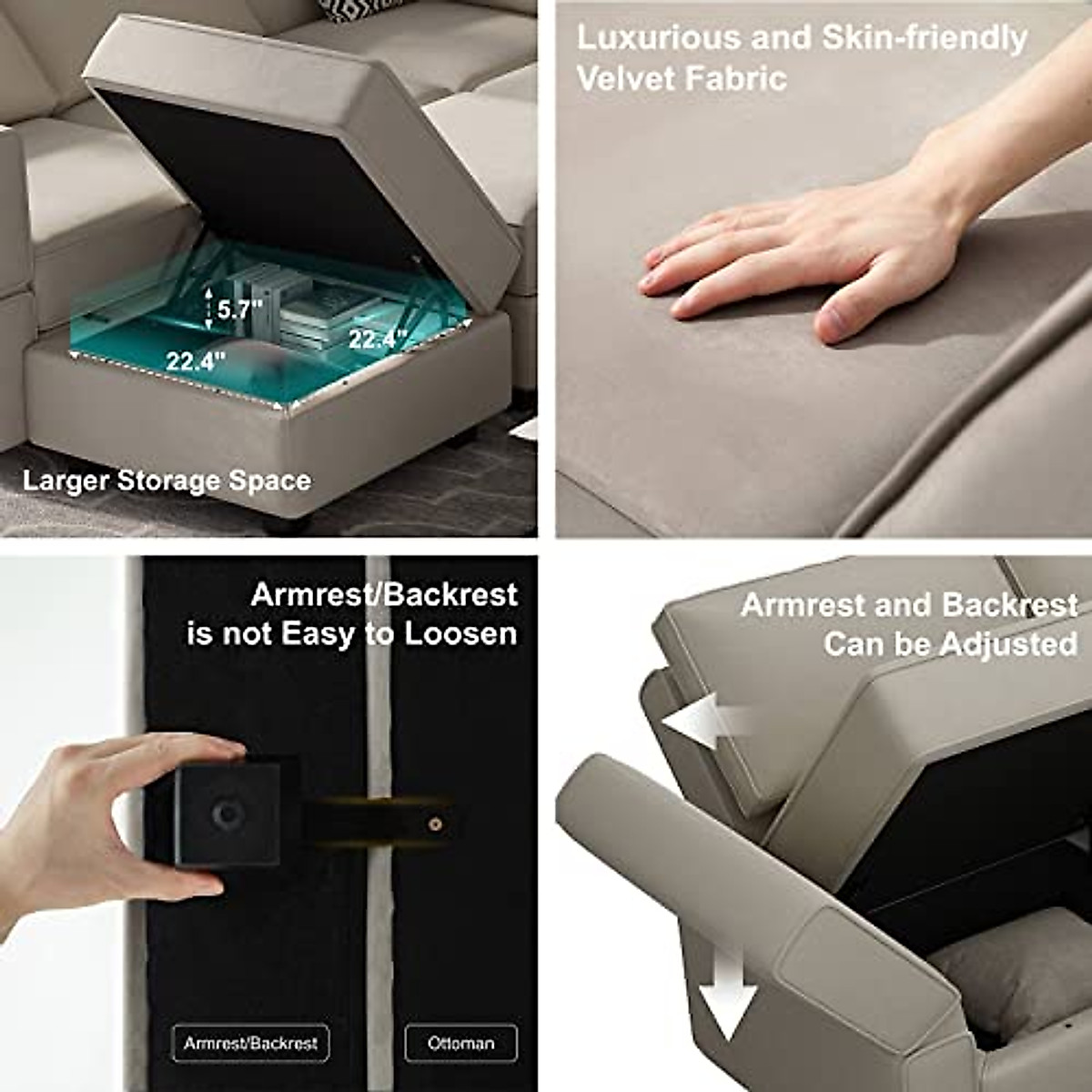 Belffin Oversized U Shaped Sectional Couch with Reversible Double Chaises Velvet Modular Sectional Sleeper Sofa with Storage Grey